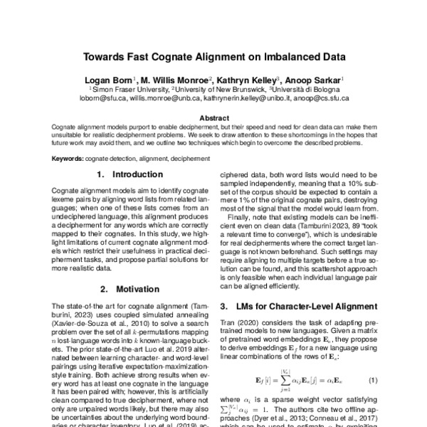 Towards Fast Cognate Alignment on Imbalanced Data - ACL Anthology