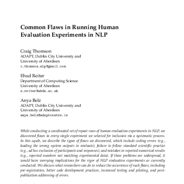 Common Flaws in Running Human Evaluation Experiments in NLP - ACL Anthology
