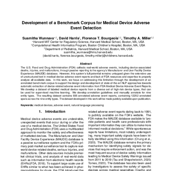 Development of a Benchmark Corpus for Medical Device Adverse Event Detection - ACL Anthology