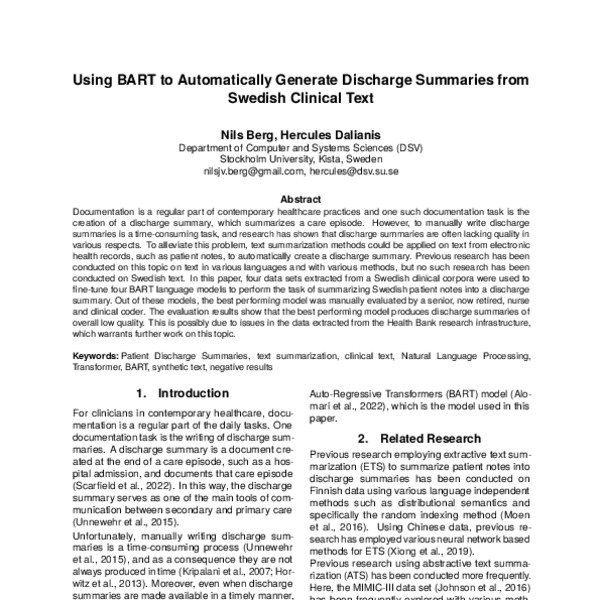 Using BART to Automatically Generate Discharge Summaries from Swedish Clinical Text - ACL Anthology