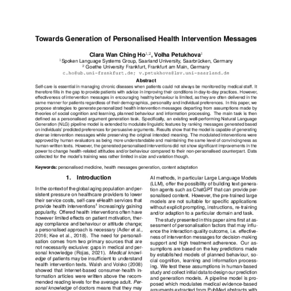 Towards Generation of Personalised Health Intervention Messages - ACL ...