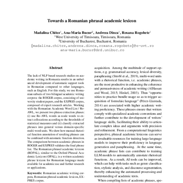 Towards a Romanian Phrasal Academic Lexicon - ACL Anthology