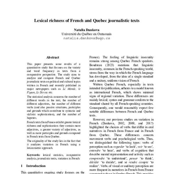 Lexical Richness of French and Quebec Journalistic Texts - ACL Anthology