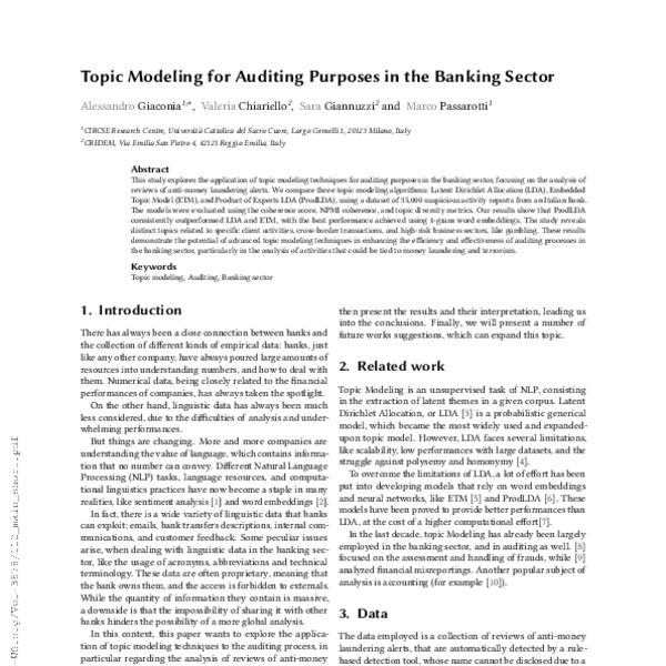 Topic Modeling for Auditing Purposes in the Banking Sector - ACL Anthology