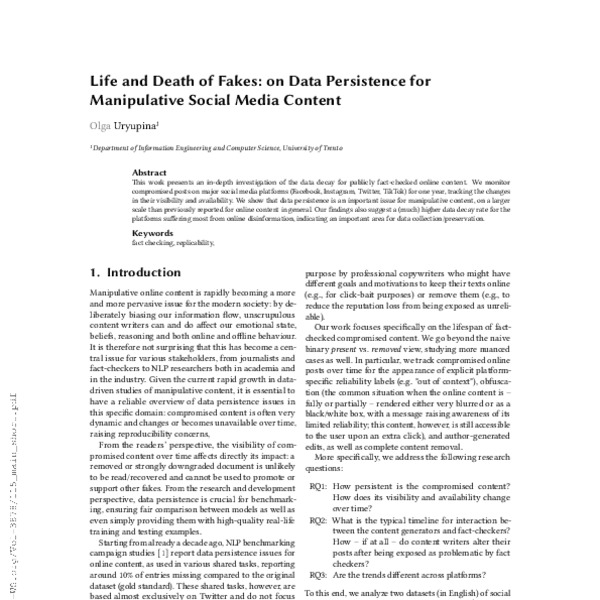 Life and Death of Fakes: On Data Persistence for Manipulative Social ...