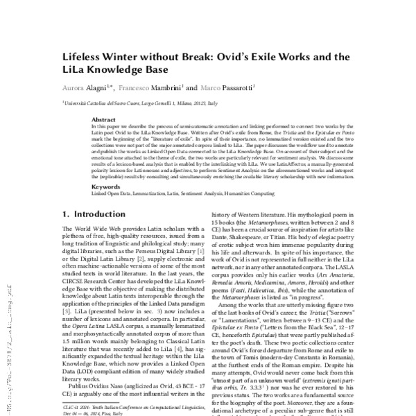 Lifeless Winter without Break: Ovid’s Exile Works and the LiLa ...