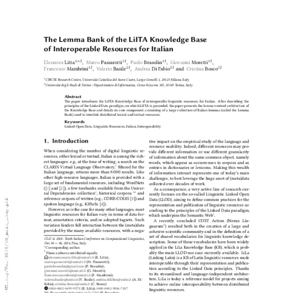 The Lemma Bank of the LiITA Knowledge Base of Interoperable Resources for Italian - ACL Anthology