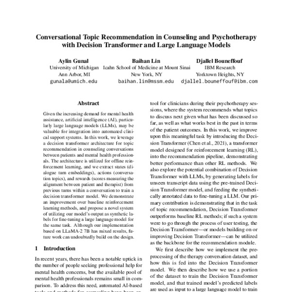 Conversational Topic Recommendation in Counseling and Psychotherapy with Decision Transformer ...