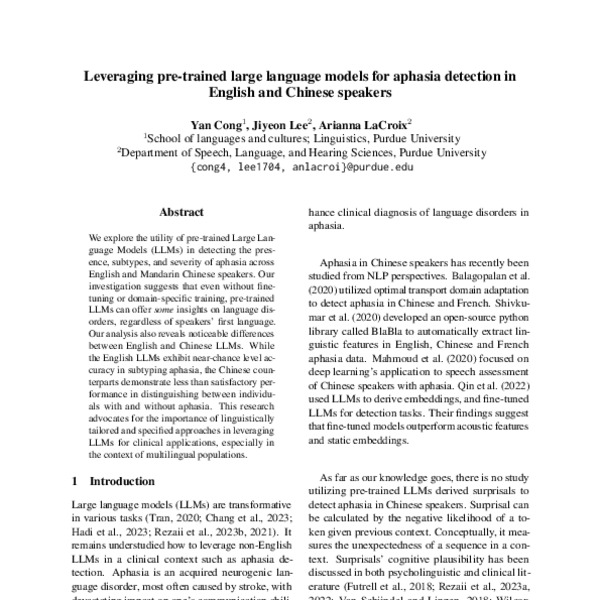 Leveraging pre-trained large language models for aphasia detection in English and Chinese ...