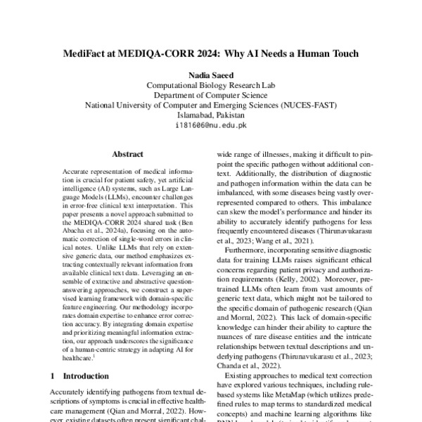 Medifact At Mediqa Corr 2024 Why Ai Needs A Human Touch Acl Anthology