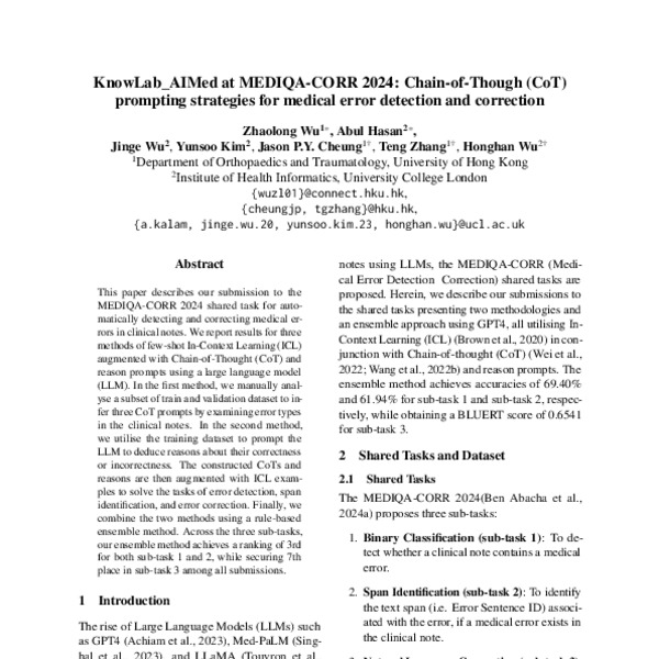 KnowLab_AIMed at MEDIQA-CORR 2024: Chain-of-Though (CoT) prompting strategies for medical error ...