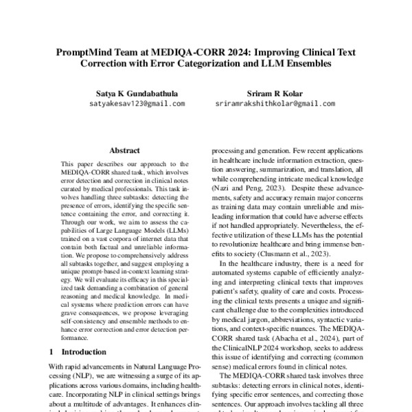 PromptMind Team at MEDIQA-CORR 2024: Improving Clinical Text Correction with Error ...