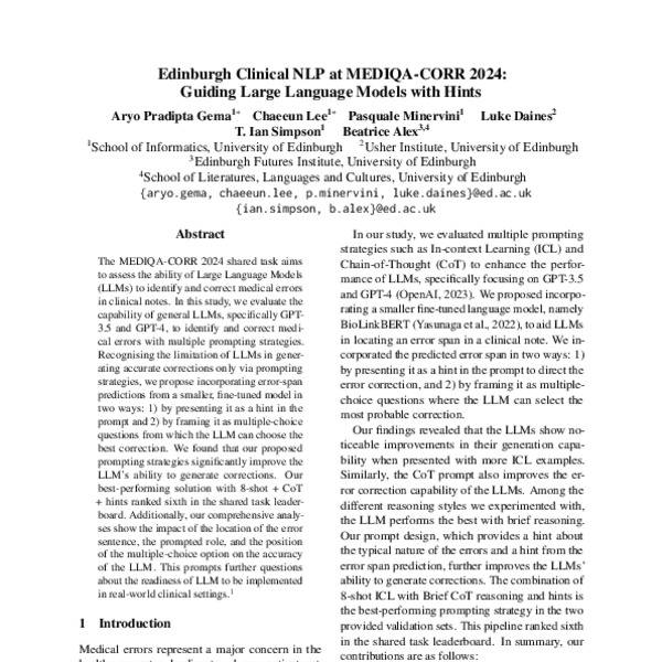 Edinburgh Clinical NLP at MEDIQA-CORR 2024: Guiding Large Language Models with Hints - ACL Anthology