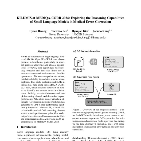Ku Dmis At Mediqa Corr 2024 Exploring The Reasoning Capabilities Of Small Language Models In
