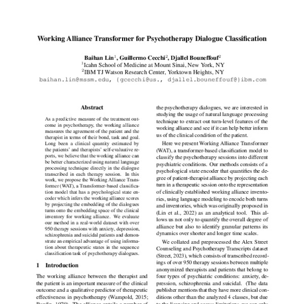 Working Alliance Transformer for Psychotherapy Dialogue Classification ...