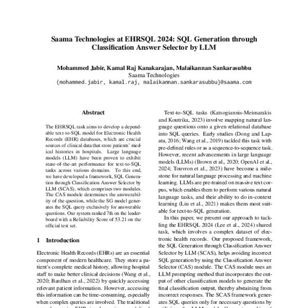Saama Technologies at EHRSQL 2024: SQL Generation through Classification Answer Selector by LLM ...