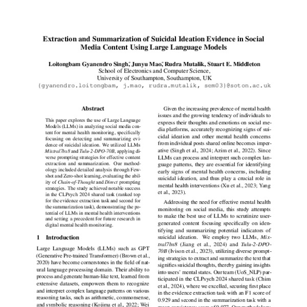 Extracting and Summarizing Evidence of Suicidal Ideation in Social Media Contents Using Large ...
