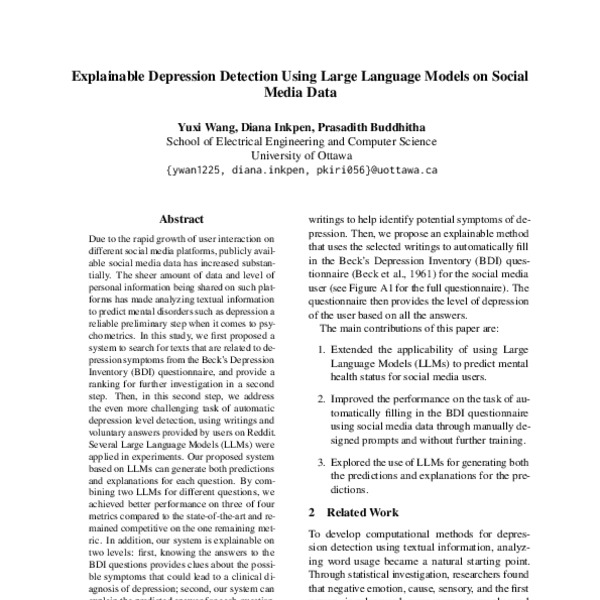 Explainable Depression Detection Using Large Language Models On Social Media Data Acl Anthology