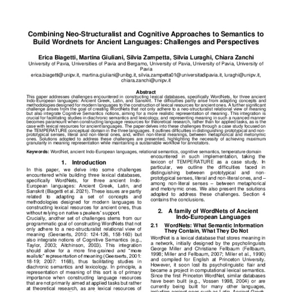 Combining Neo-Structuralist and Cognitive Approaches to Semantics to Build Wordnets for Ancient ...