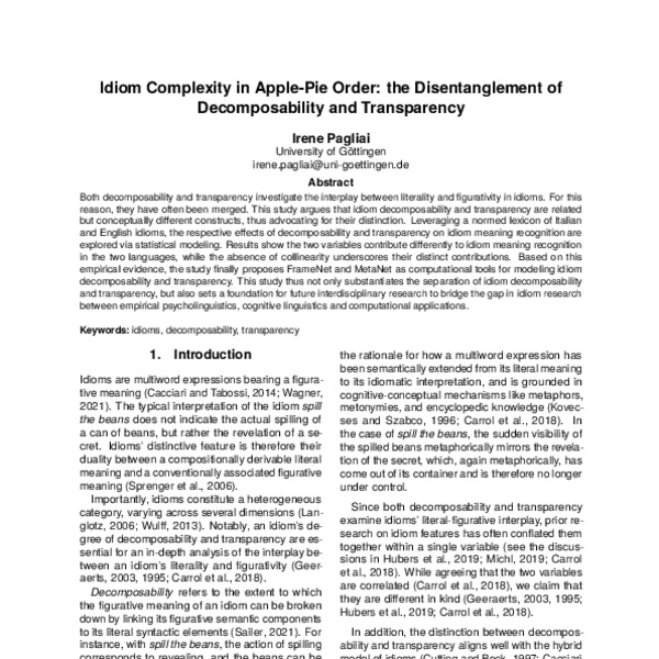 Idiom Complexity in Apple-Pie Order: The Disentanglement of ...