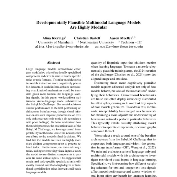 Developmentally Plausible Multimodal Language Models Are Highly Modular - ACL Anthology