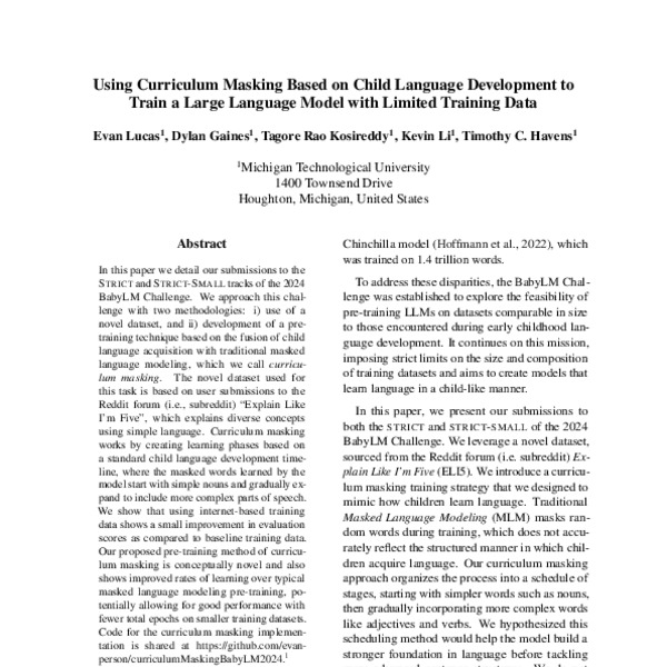 Using Curriculum Masking Based on Child Language Development to Train a Large Language Model ...