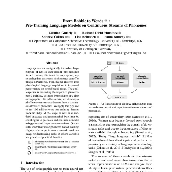 From Babble to Words: Pre-Training Language Models on Continuous Streams of Phonemes - ACL Anthology