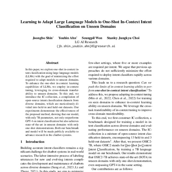 Learning To Adapt Large Language Models To One Shot In Context Intent Classification On Unseen