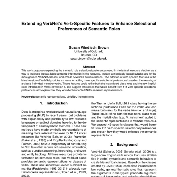 Extending VerbNet’s Verb-Specific Features to Enhance Selectional Preferences of Semantic Roles ...