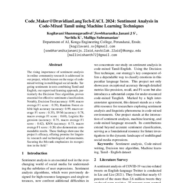 Codemakersdravidianlangtech Eacl 2024 Sentiment Analysis In Code Mixed Tamil Using Machine