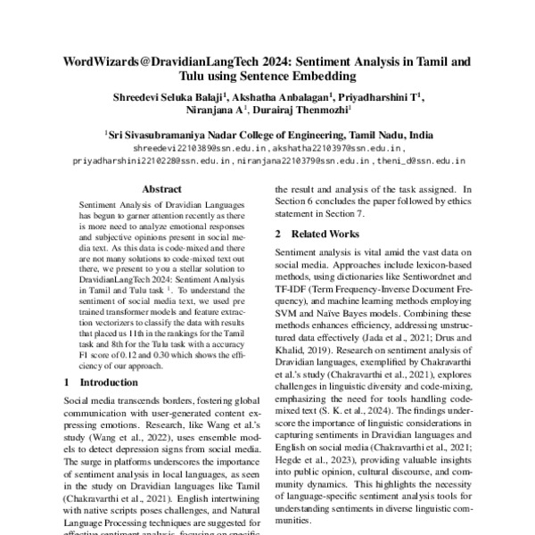 WordWizards@DravidianLangTech 2024: Sentiment Analysis in Tamil and Tulu using Sentence ...