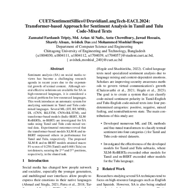 CUETSentimentSillies@DravidianLangTech-EACL2024: Transformer-based Approach for Sentiment ...