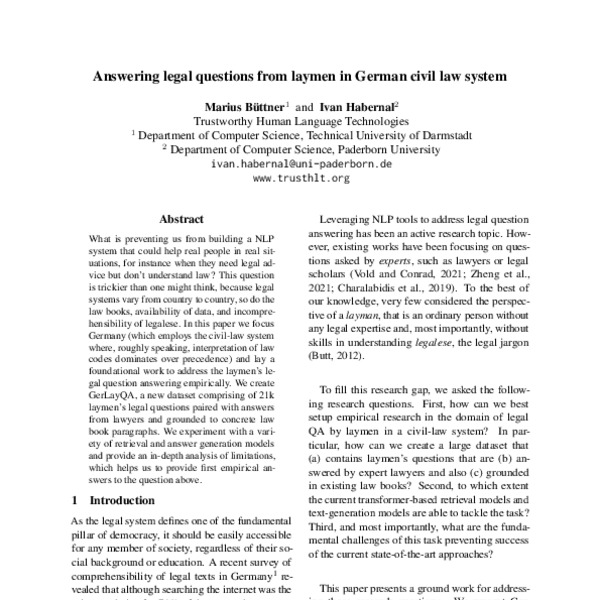 Answering legal questions from laymen in German civil law system - ACL ...