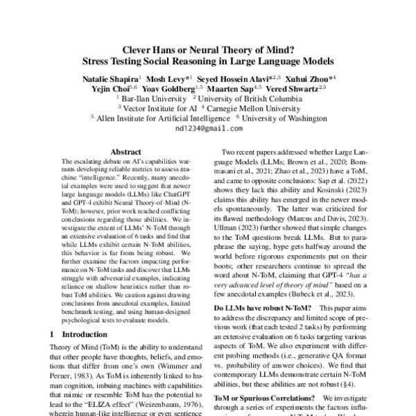 Clever Hans or Neural Theory of Mind? Stress Testing Social Reasoning ...