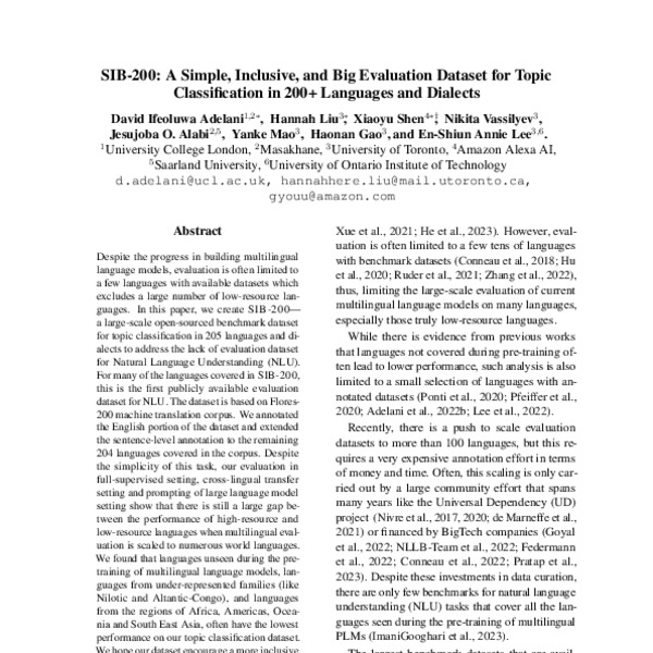 SIB-200: A Simple, Inclusive, and Big Evaluation Dataset for Topic ...