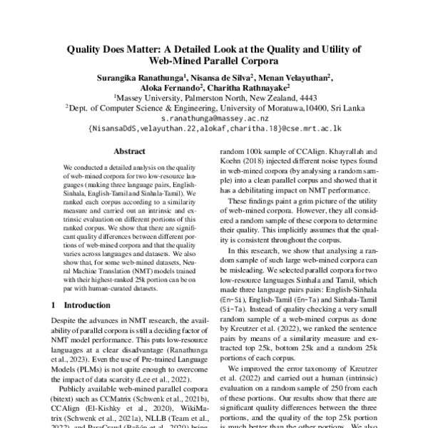 Quality Does Matter: A Detailed Look at the Quality and Utility of Web-Mined Parallel Corpora ...
