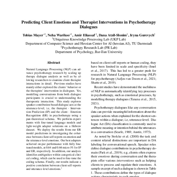 Predicting Client Emotions and Therapist Interventions in Psychotherapy ...