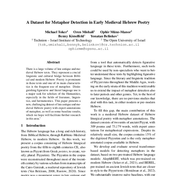 A Dataset for Metaphor Detection in Early Medieval Hebrew Poetry - ACL ...