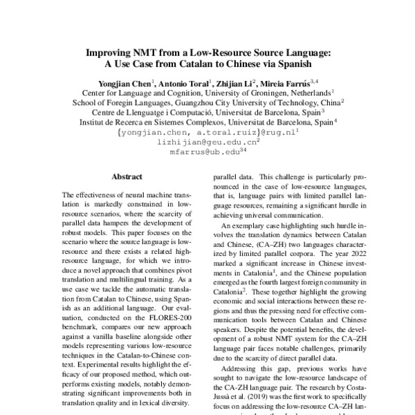 Improving NMT from a Low-Resource Source Language: A Use Case from Catalan to Chinese via ...
