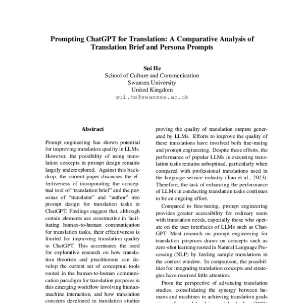 Prompting ChatGPT for Translation: A Comparative Analysis of Translation Brief and Persona ...