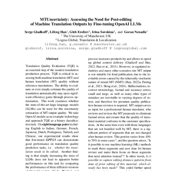 MTUncertainty: Assessing the Need for Post-editing of Machine ...