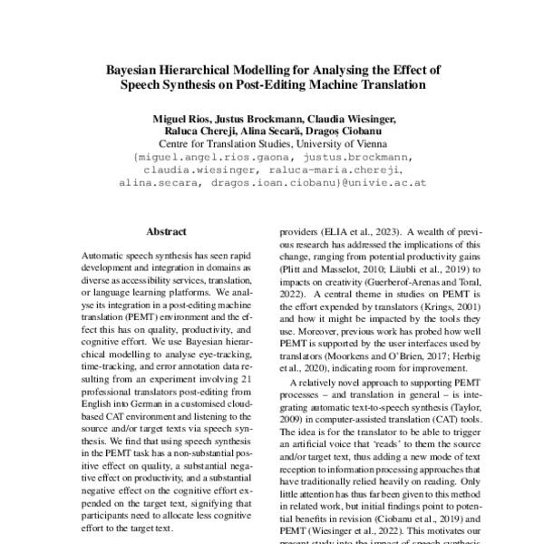 Bayesian Hierarchical Modelling for Analysing the Effect of Speech Synthesis on Post-Editing ...