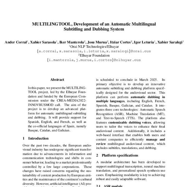 MULTILINGTOOL, Development of an Automatic Multilingual Subtitling and ...