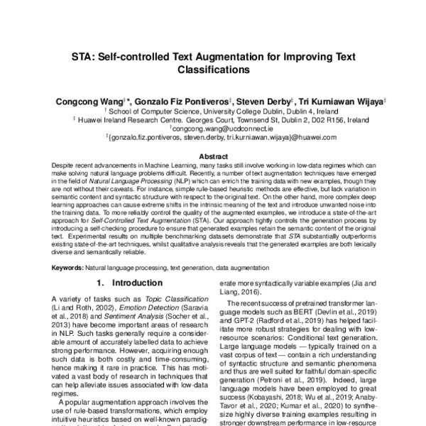 Sta Self Controlled Text Augmentation For Improving Text Classifications Acl Anthology