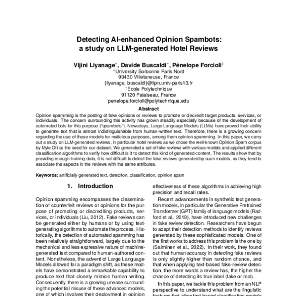 Detecting AI-enhanced Opinion Spambots: a study on LLM-generated Hotel ...