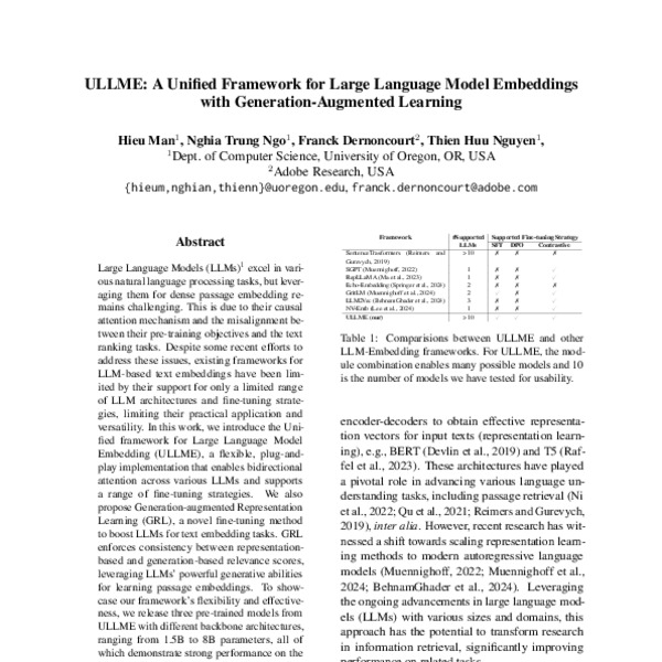 ULLME: A Unified Framework for Large Language Model Embeddings with Generation-Augmented ...