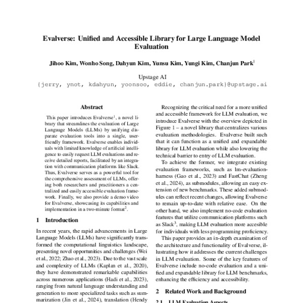 Evalverse: Unified and Accessible Library for Large Language Model Evaluation - ACL Anthology
