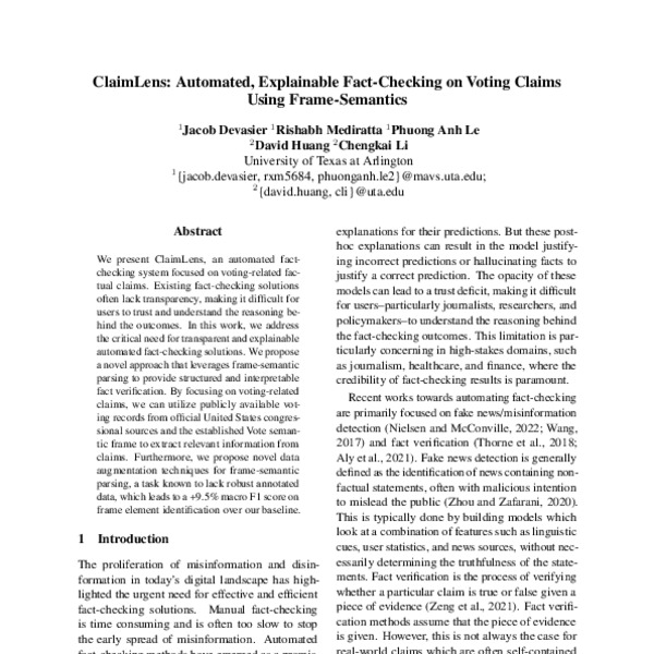ClaimLens: Automated, Explainable Fact-Checking on Voting Claims Using Frame-Semantics - ACL ...