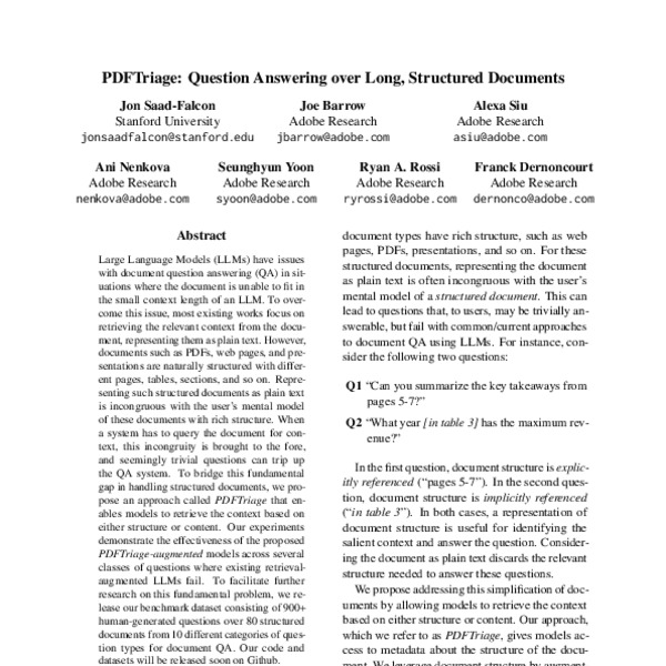 PDFTriage: Question Answering over Long, Structured Documents - ACL Anthology