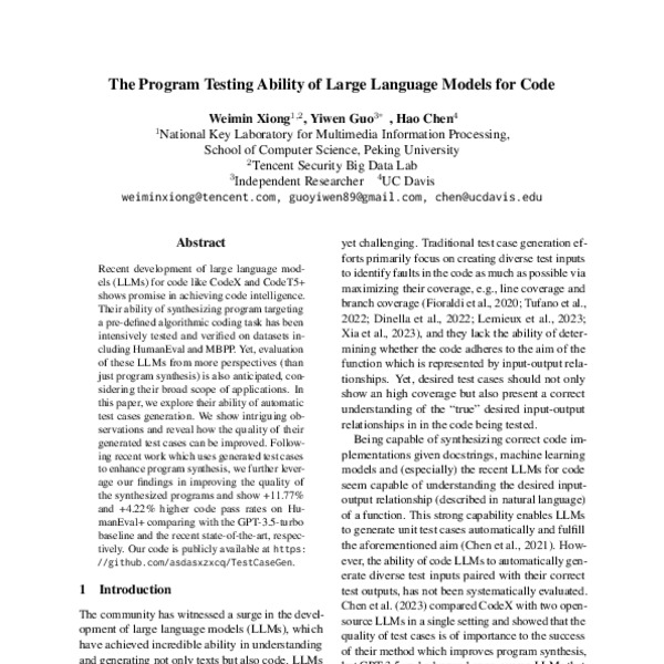 The Program Testing Ability Of Large Language Models For Code Acl Anthology